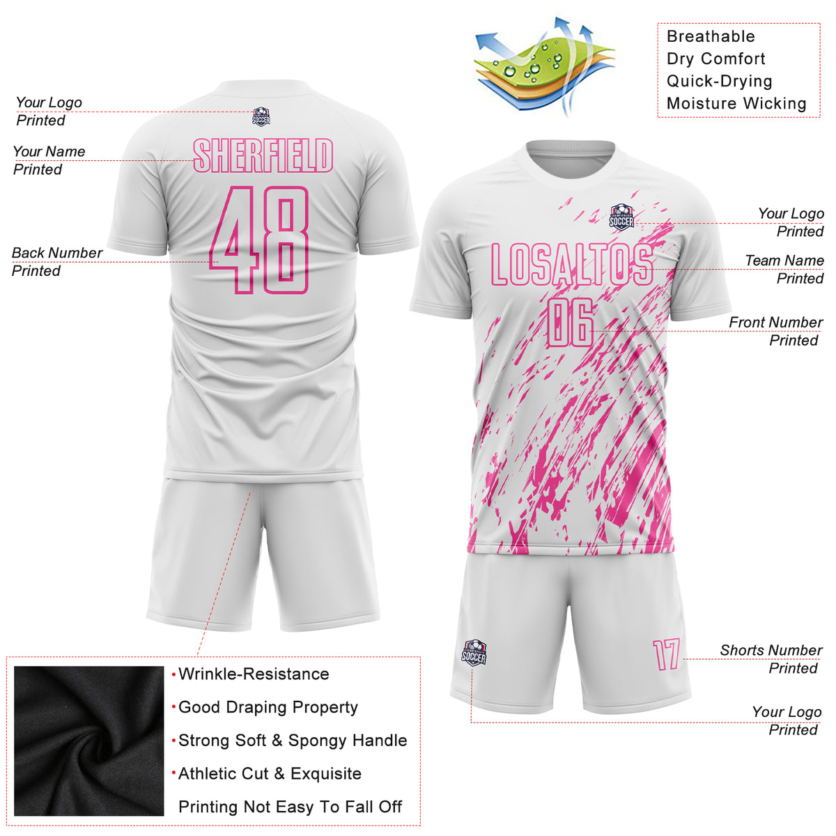 Custom White Pink Sublimation Soccer Uniform Jersey Free Shipping – Fiitg