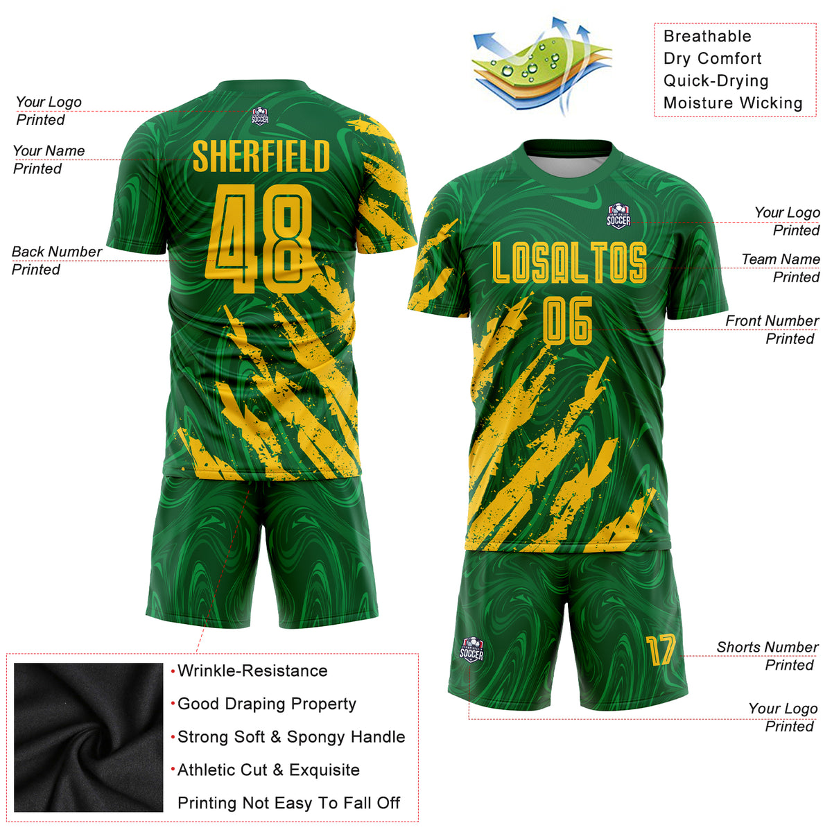 Custom Kelly Green Gold Sublimation Soccer Uniform Jersey Free Shipping ...
