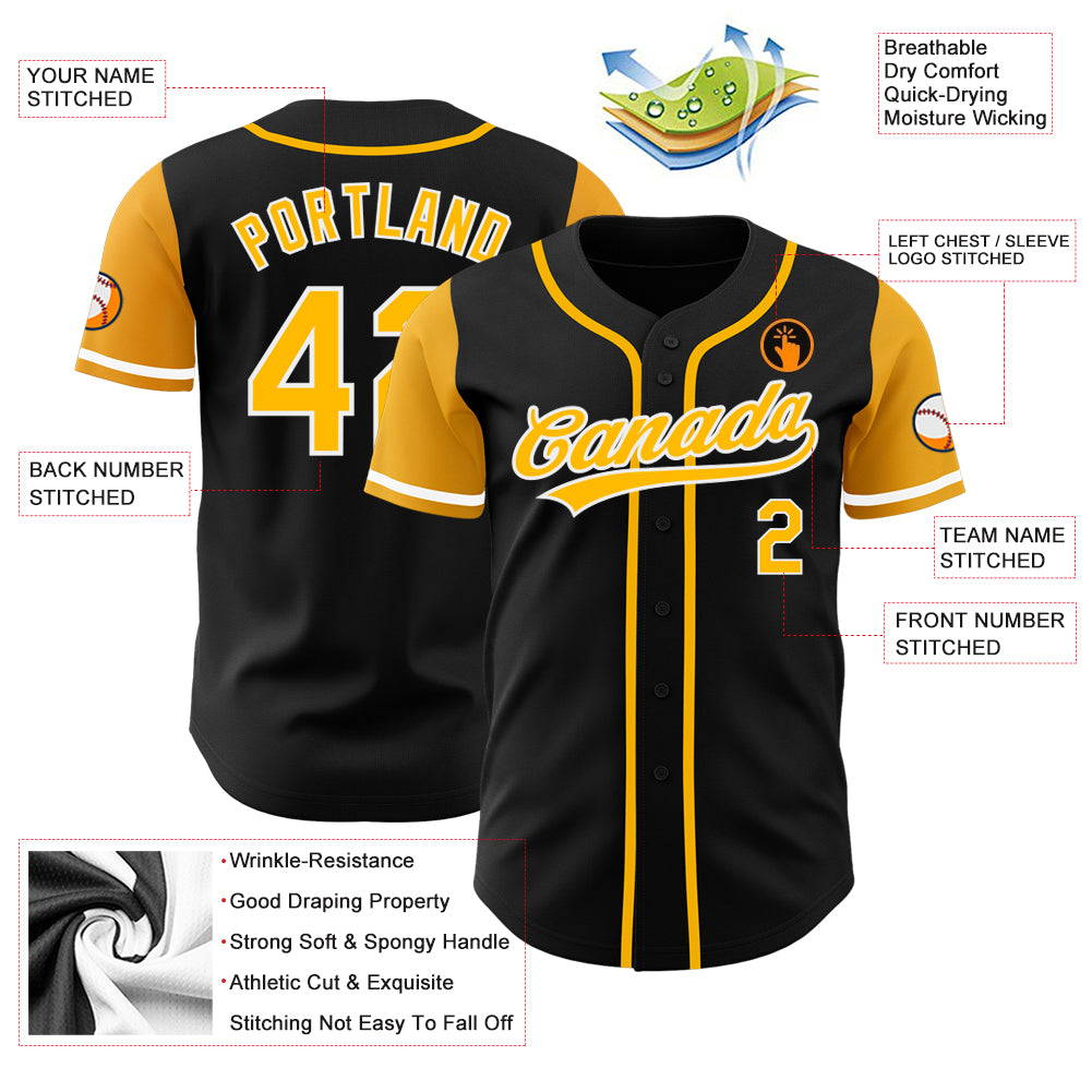 Custom Black Gold-White Authentic Two Tone Baseball Jersey Free ...