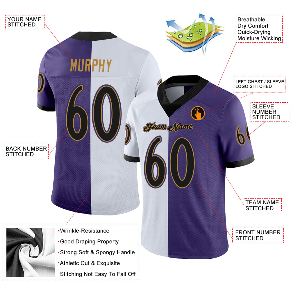 Custom Purple Black-White Mesh Split Fashion Football Jersey Free ...
